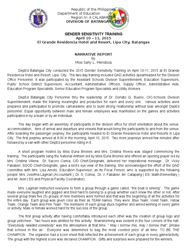 Narrative Report Gender Sensitivity Training-Sally Mendoza | PDF ...