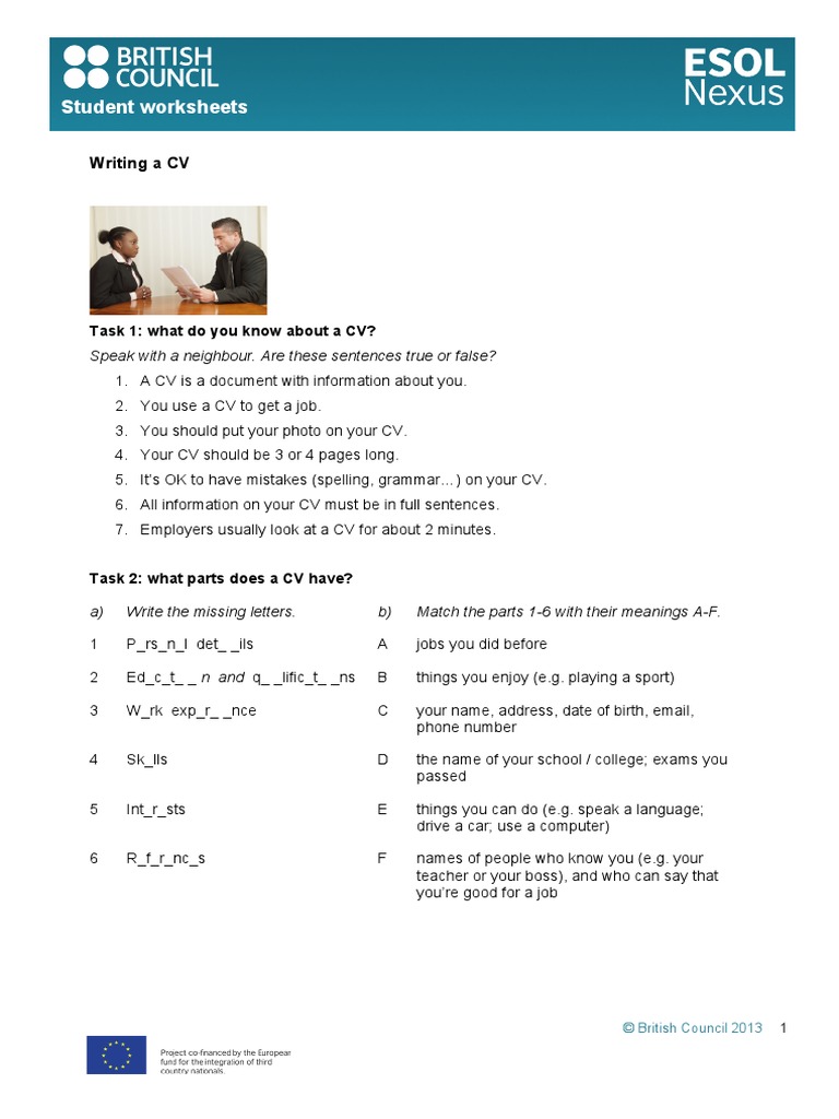 CV Writing (E2) Student Worksheets | PDF | Thailand | Nursing