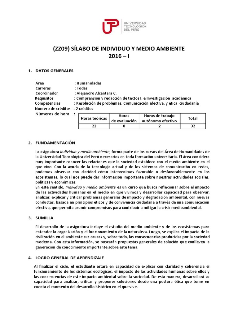 SILABO UTP IndividuoyMedioAmbiente | PDF | Degradación ambiental | Ecosistema