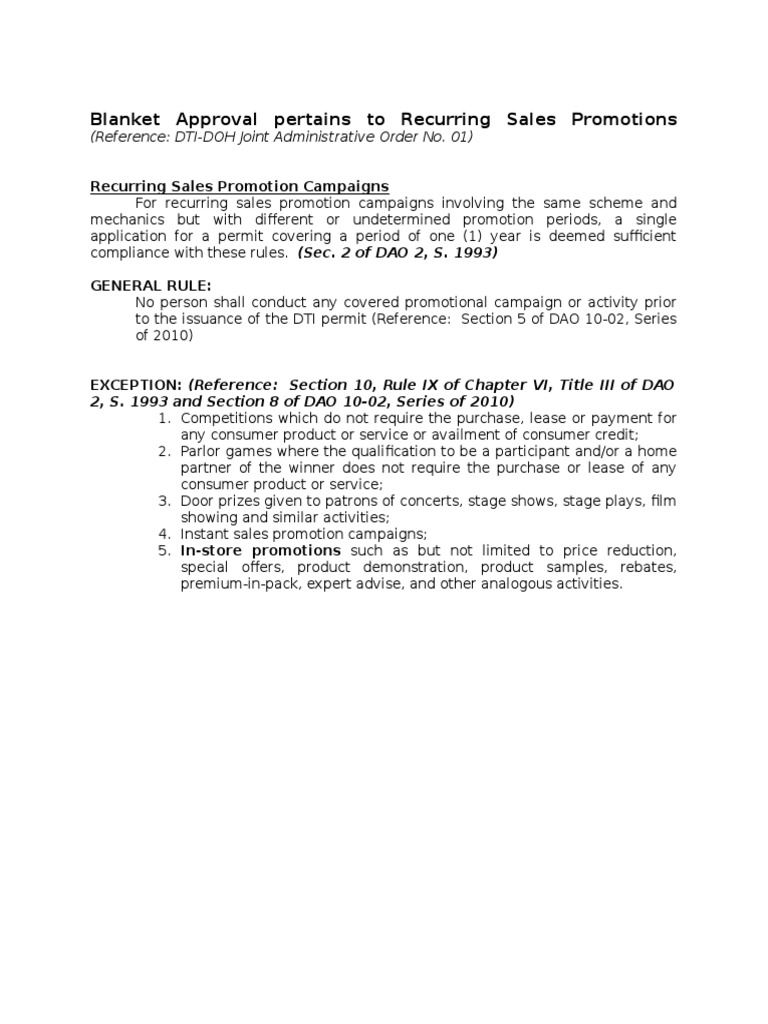 Blanket Approval for Sales Promotions | PDF | Finance & Money Management