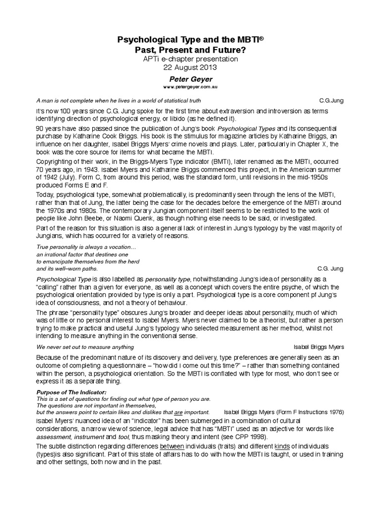 Peter Geyer-Psychological Type and The MBTI®-Past, Present and Future ...