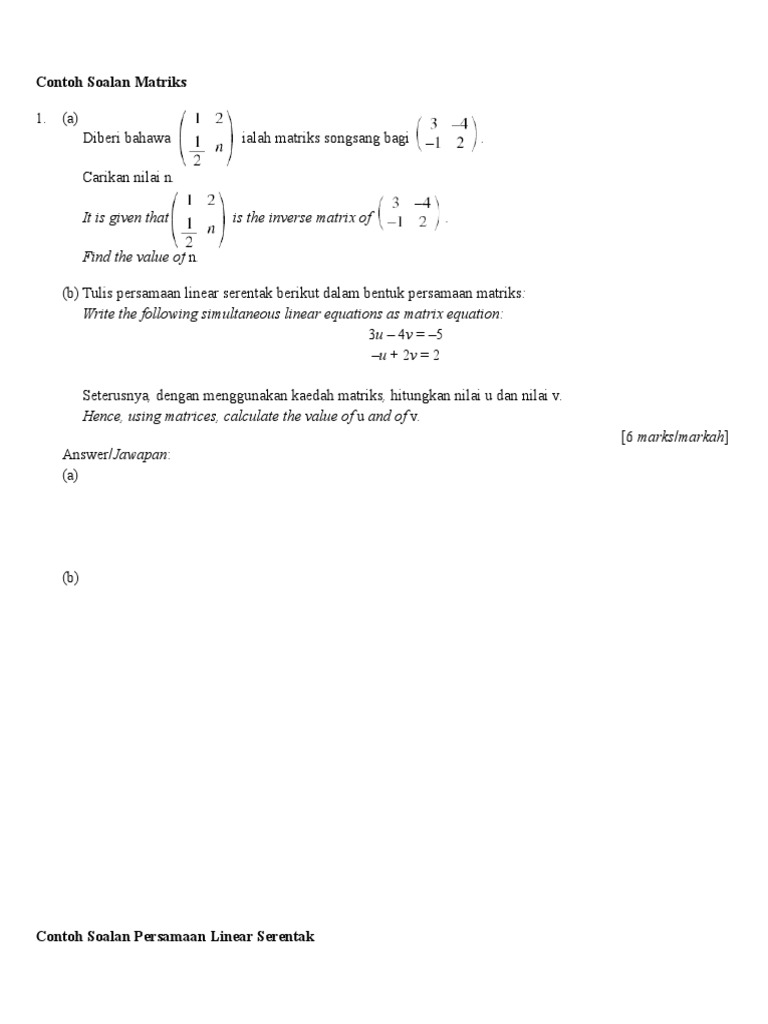 Contoh Soalan Bengkel Matematik | PDF | Matriks (Matematika) | Sistem ...