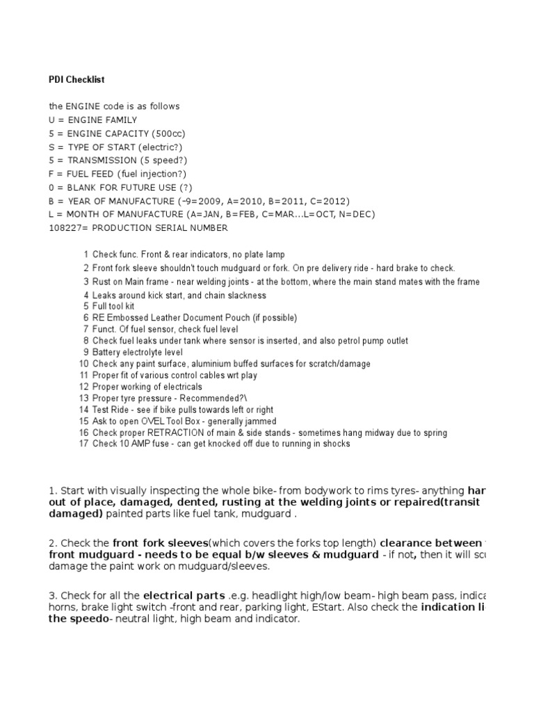 Royal Enfield PDI Checklist Guide | PDF | Clutch | Leak
