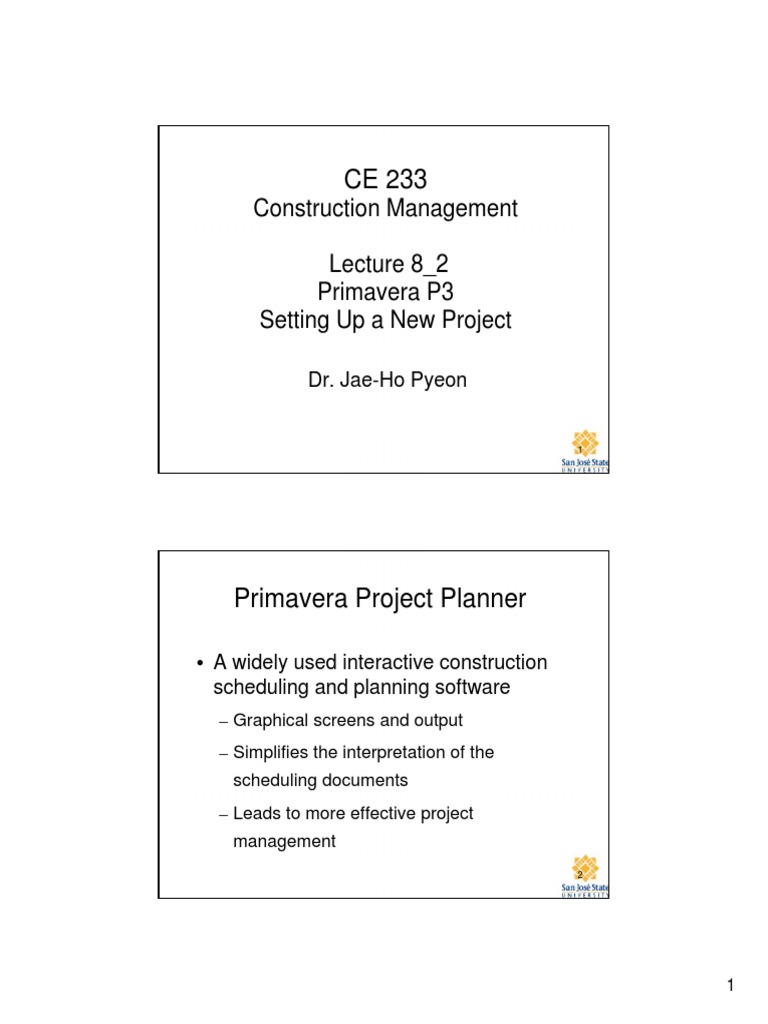 Construction Management Lecture 8 - 2 Primavera P3 Setting Up A New ...