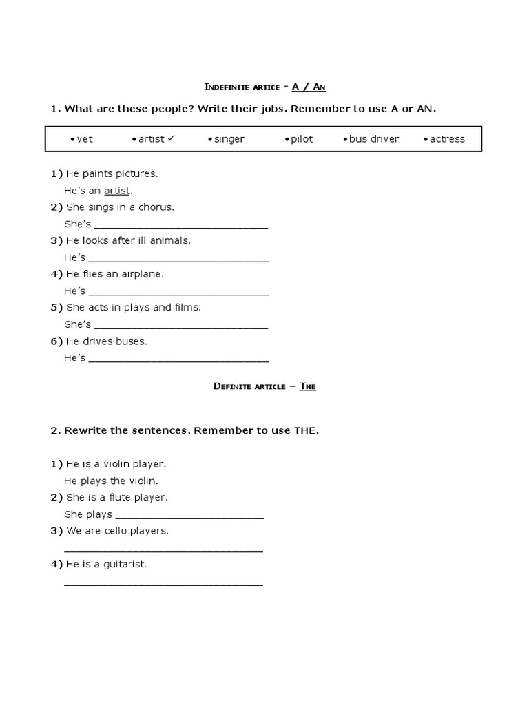 Definite and Indefinite Articles Exercises | PDF