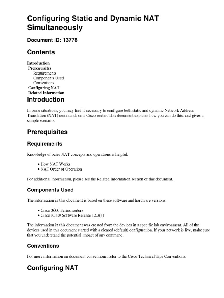 Configure Static and Dynamic NAT Simultaneously | PDF | Ip Address ... Configure Static and Dynamic NAT Simultaneously | PDF | Ip Address ...