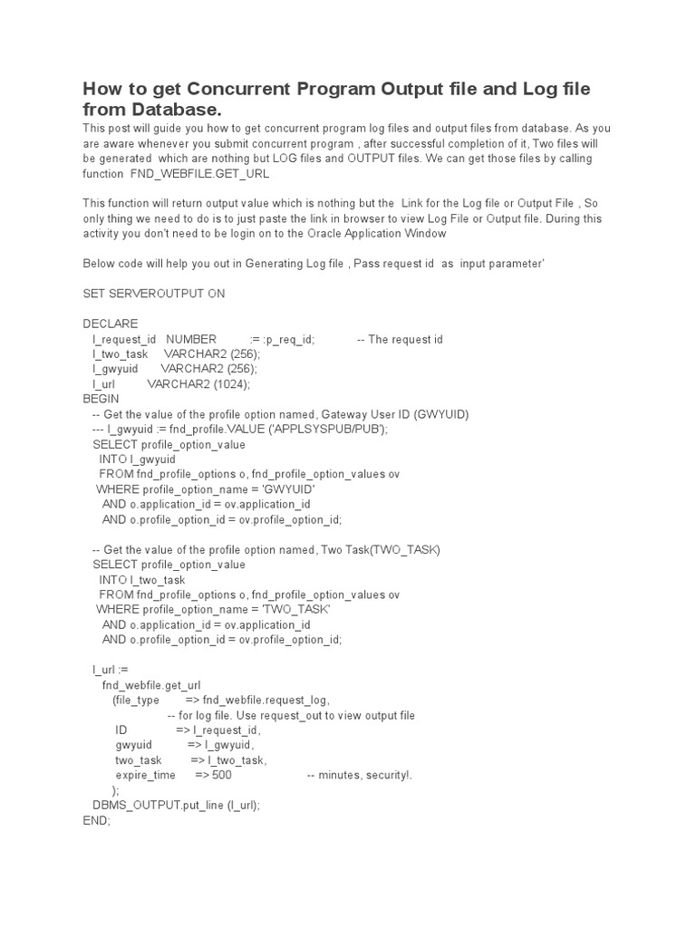 How To Get Concurrent Program Output File And Log File From Database Pdf Inputoutput