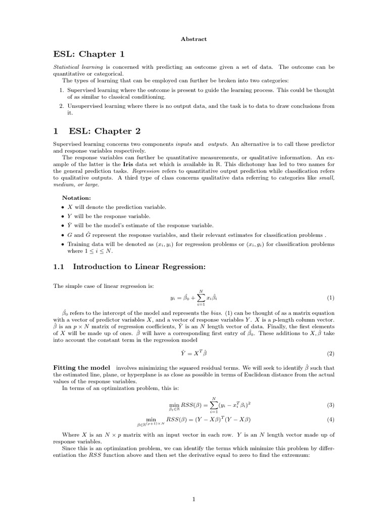 ESL: Chapter 1: 1.1 Introduction To Linear Regression | PDF | Regression Analysis | Errors And ...