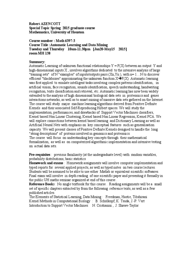 MATH 6397 Automatic / Machine Learning and Data Mining Syllabus | PDF | Machine Learning ...