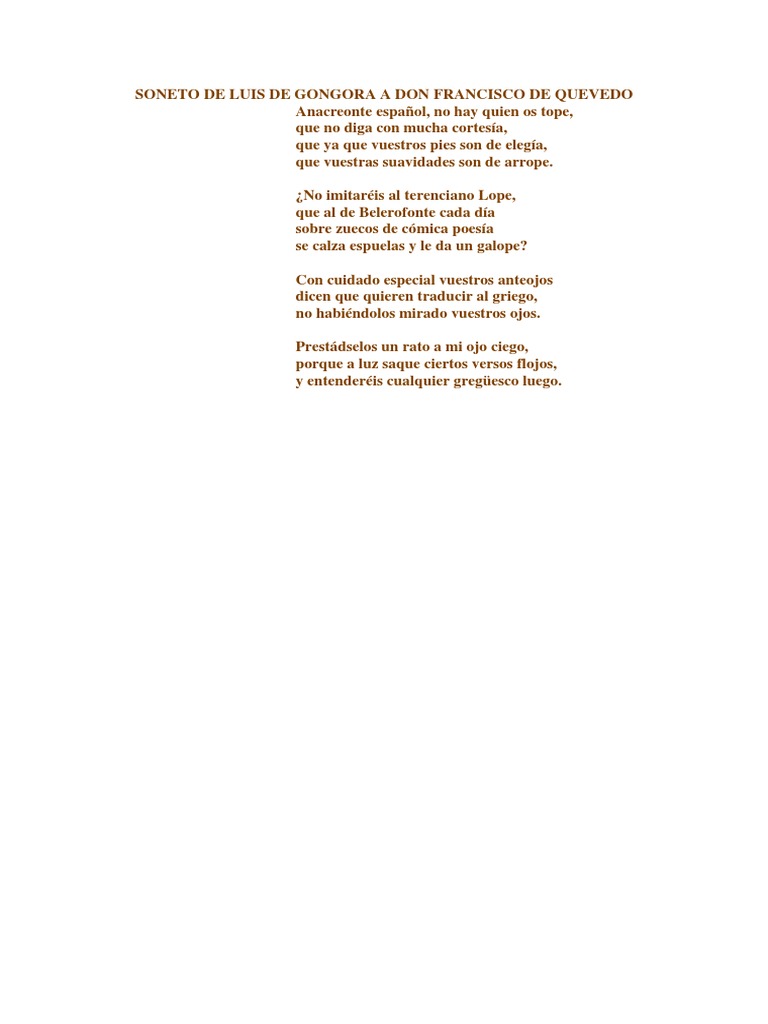 Soneto de Luis de Gongora A Don Francisco de Quevedo | PDF | Poesía