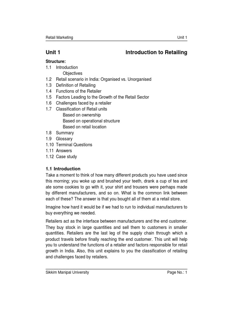 Unit 1 Introduction To Retailing: Structure | PDF | Retail | Limited Liability Company