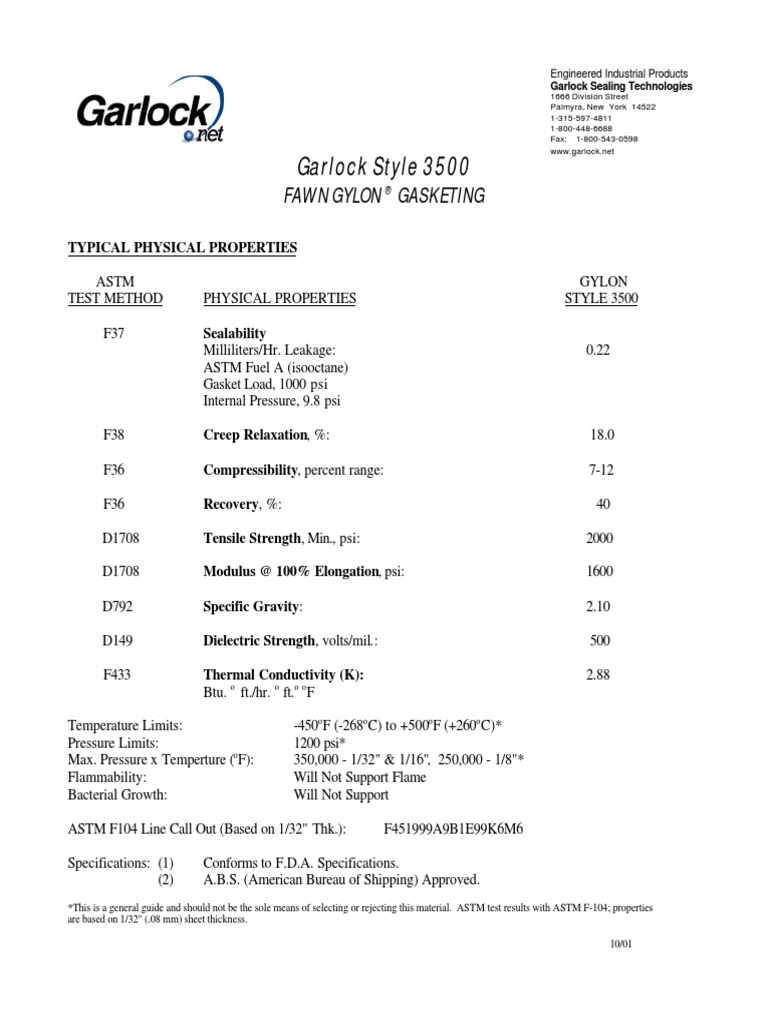 Garlock Style 3500 Gasket Specifications | PDF