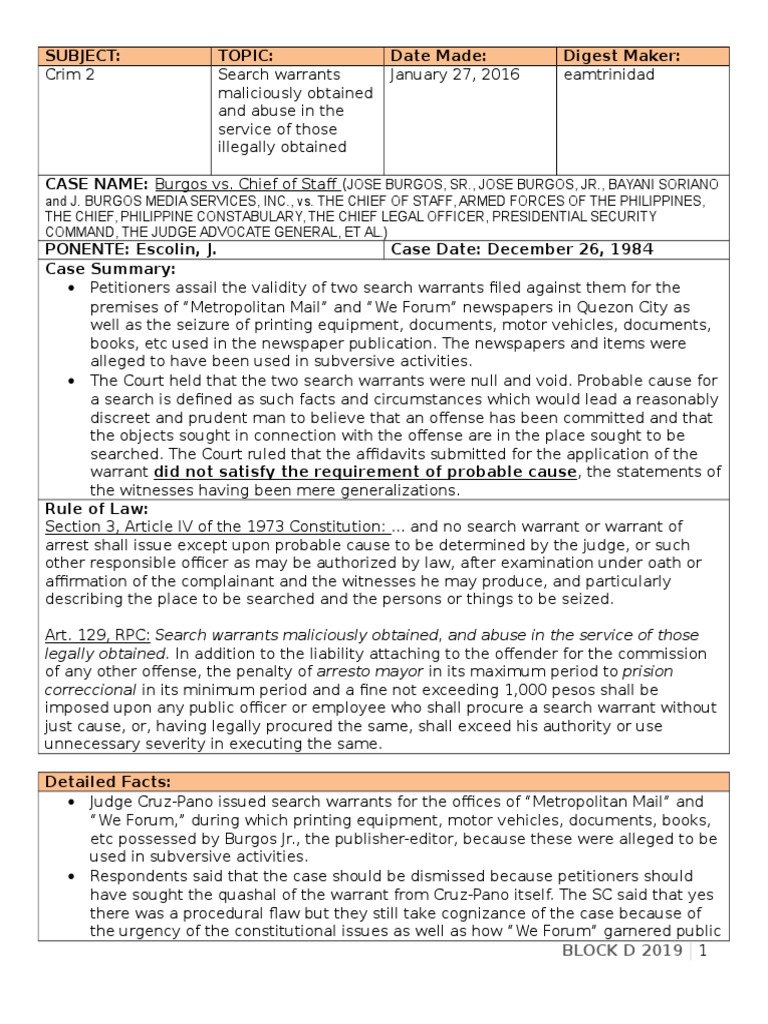 Burgos vs. Chief of Staff Digest | PDF | Search And Seizure | Probable ...