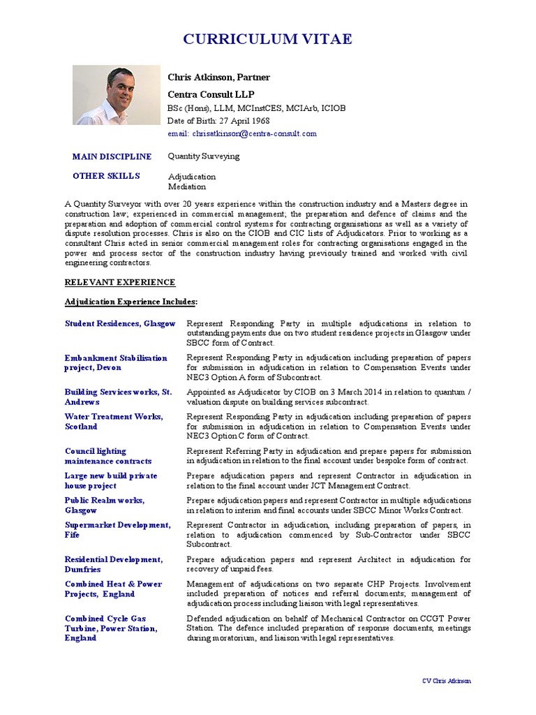 Chris Atkinson CV | PDF | Adjudication | General Contractor