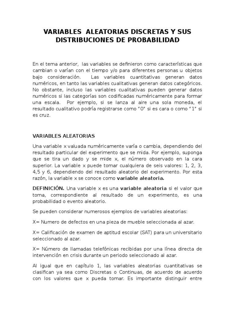 Variables Aleatorias Discretas, Distribuciones de Probabilidad | PDF | Variable aleatoria ...