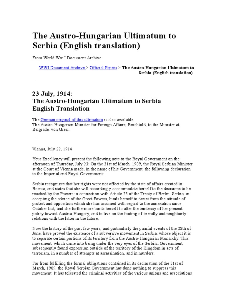 The Austro-Hungarian Ultimatum to Serbia (English Translation ...