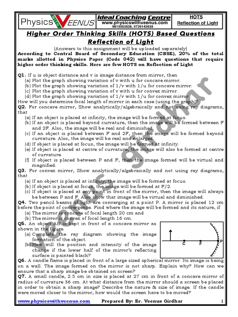 HOTS Questions on Reflection of Light | PDF | Mirror | Glass Applications