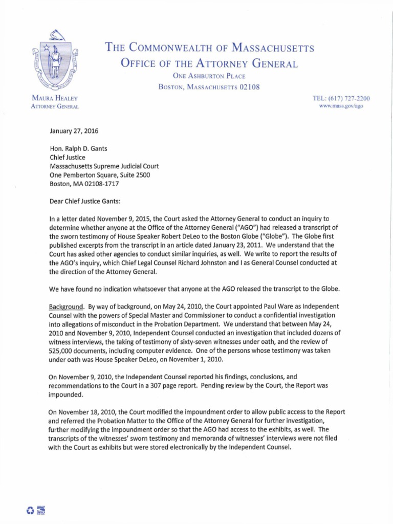 Letter to Chief Justice Gants January 27 2016 | Attorney General | Lawyer Letter to Chief Justice Gants January 27 2016 | Attorney General | Lawyer
