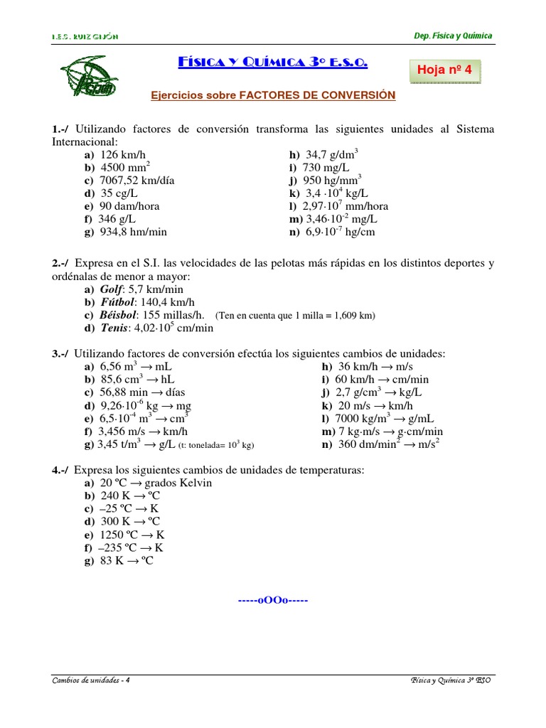 Ejercicios Factores Conversion-Hoja 4 | PDF