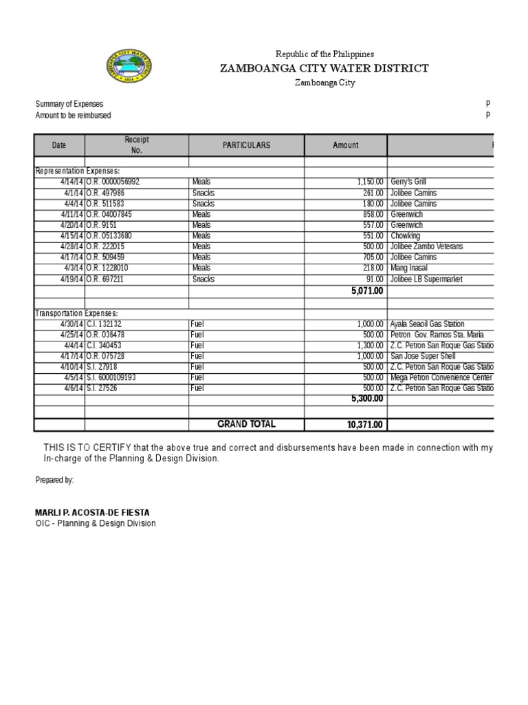 Liquidation Report Form | Filling Station | Per Diem