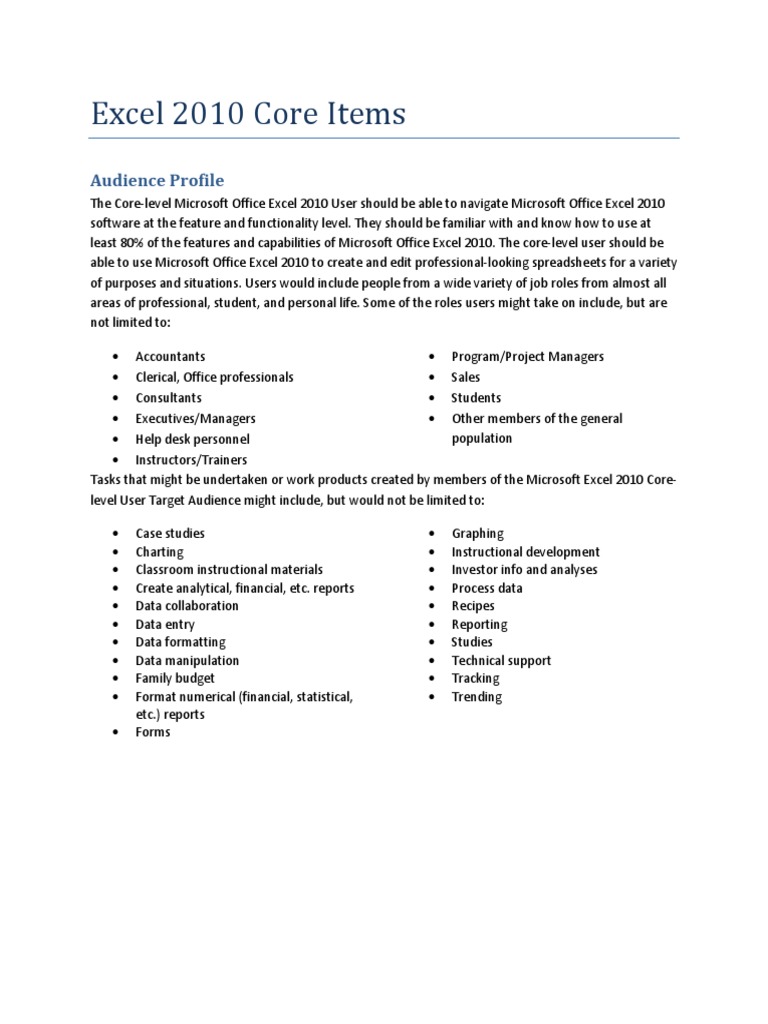 Excel 2010 Core User Guide | PDF