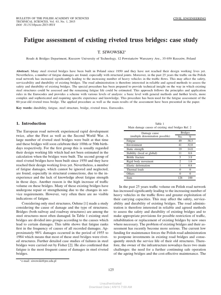 Fatigue Assessment of Existing Riveted Truss Bridges: Case Study | PDF ...