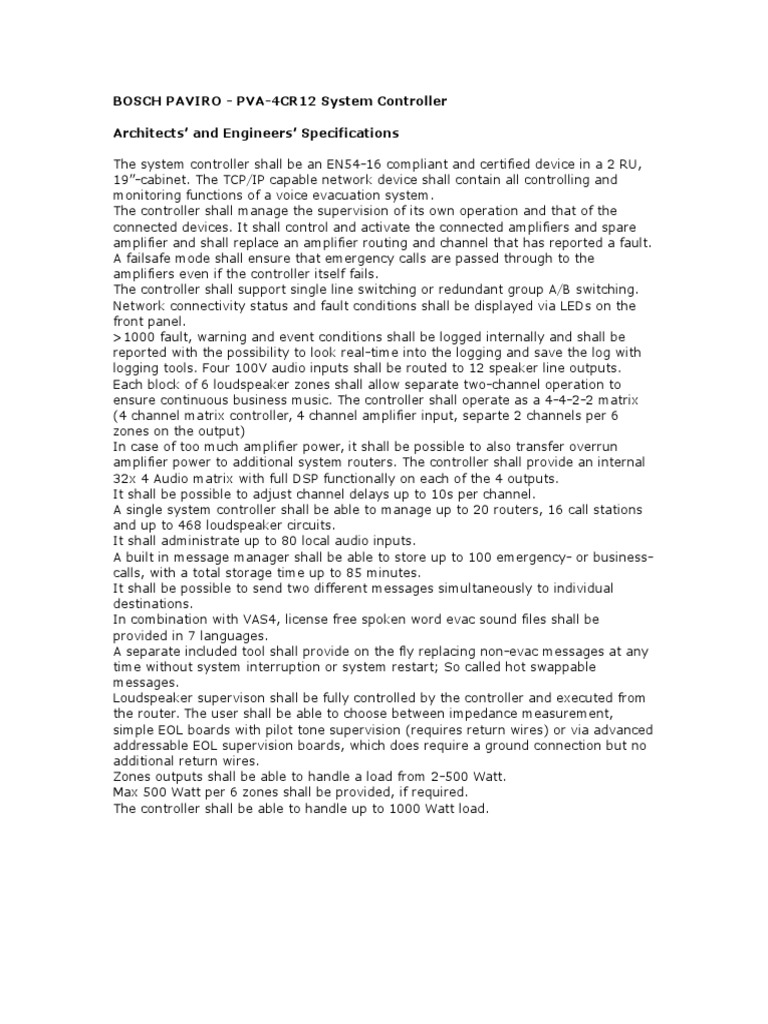 Comprehensive Technical Specifications for the BOSCH PAVIRO PVA-4CR12 ...