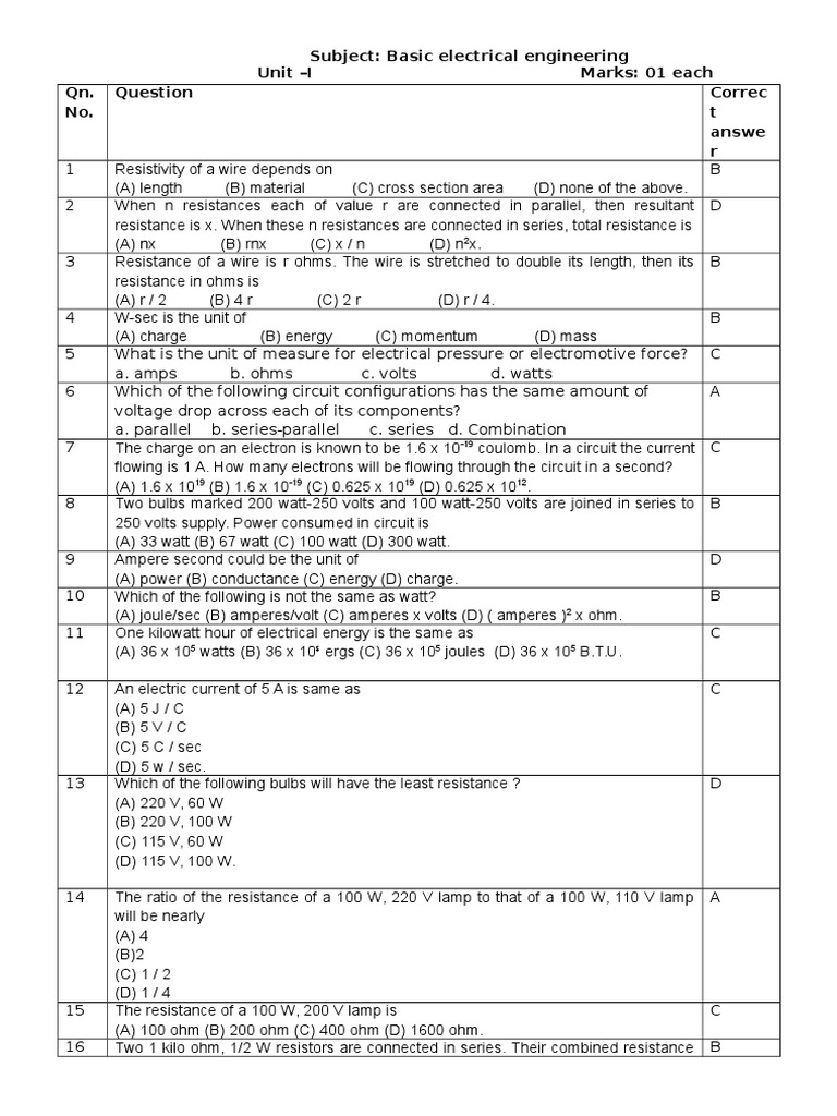 Bee MCQ Unit-I Mark-1 | PDF | Series And Parallel Circuits | Electrical Resistance And Conductance