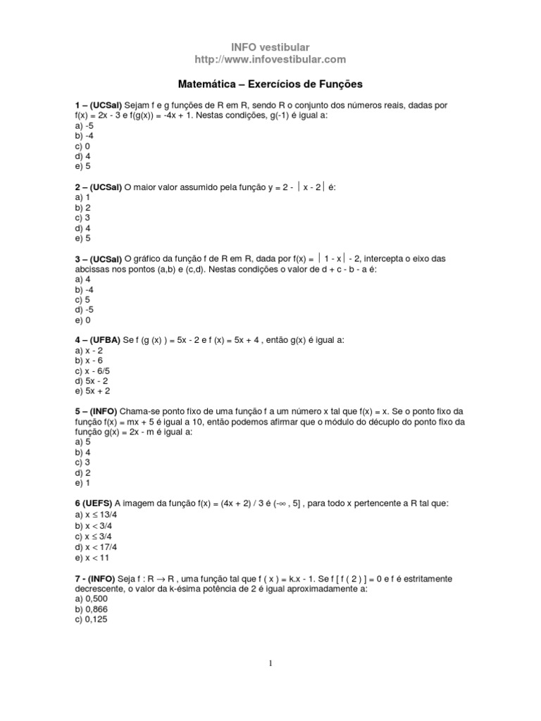 Matemática - Exercícios de Funções II | Download grátis PDF | Função ...