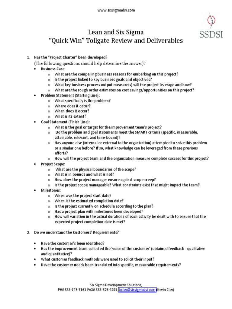 Lean and Six Sigma Quick Win Tollgate Review | Goal | Six Sigma