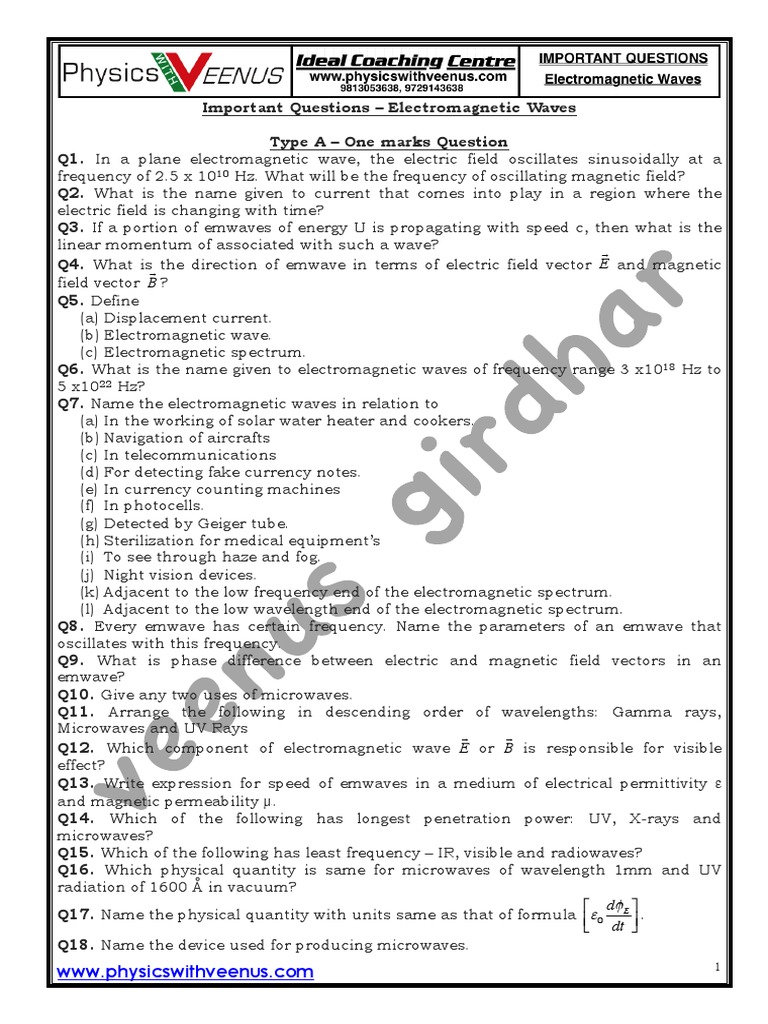 Important Questions - Electromagnetic Waves | PDF | Electromagnetic ...