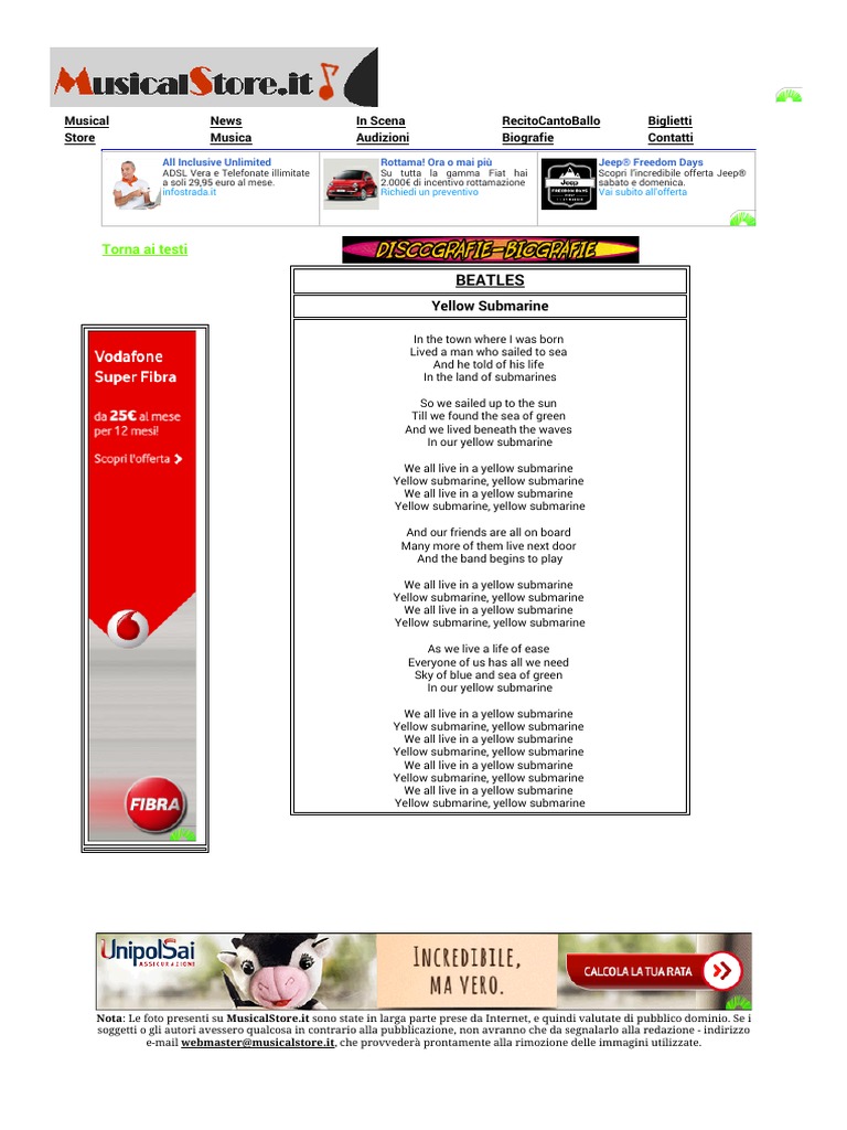 Beatles Lyrics: Yellow Submarine | PDF | Travel | Art