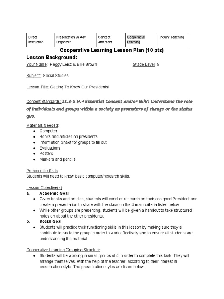 Cooperative Learning Lesson Plan (10 PTS) Lesson Background | PDF ...
