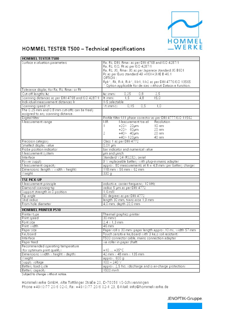 Hommel Tester T500 Specifications | PDF