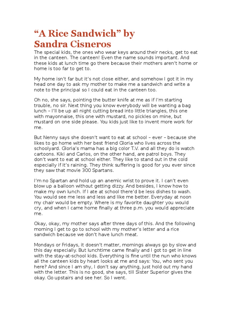 "A Rice Sandwich" by Sandra Cisneros | PDF