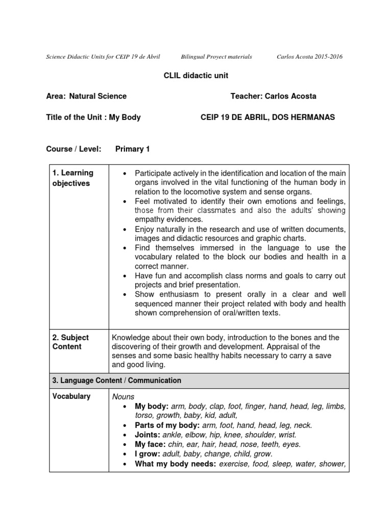 Carlos Science Clil Unit - My Body | PDF | Reading Comprehension ...