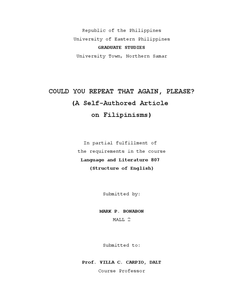 Article on Filipinism | English Language | Style (Fiction)