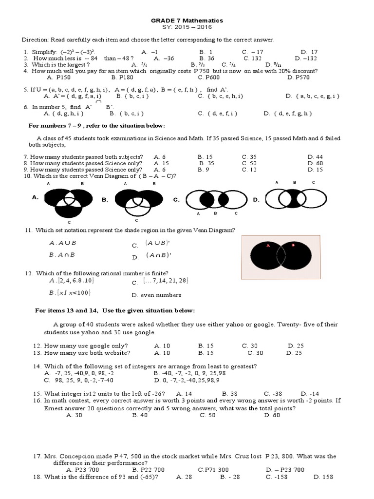 Grade Vii First 1ST Quarter | PDF | Integer | Abstract Algebra