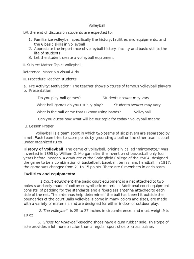 Volleyball Lesson Plan | PDF | Volleyball | Sports