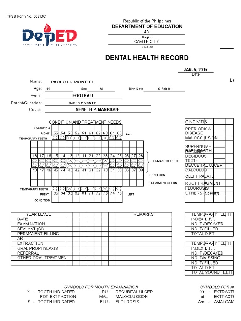 Printable Dental Examination Form | PDF | Dentistry | Human Tooth
