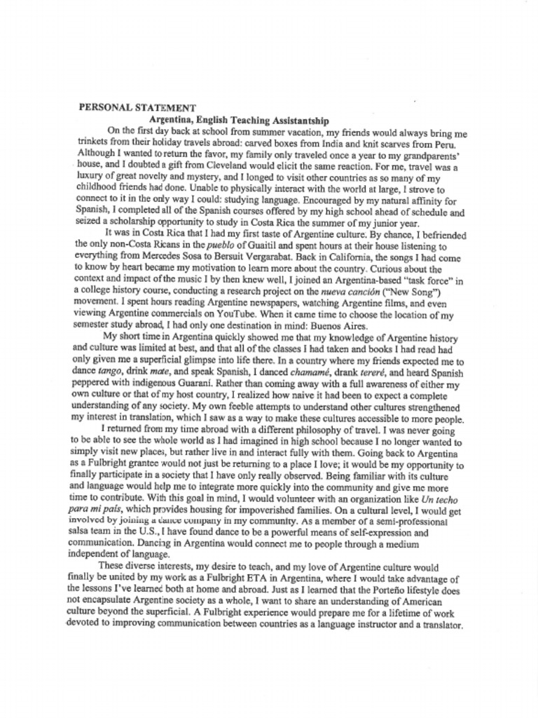 Fulbright Personal Statement: Argentina | PDF | English As A Second Or ...