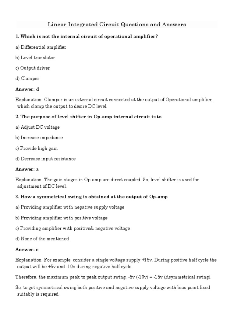 Linear Integrated Circuit Questions and Answers | PDF | Operational ...