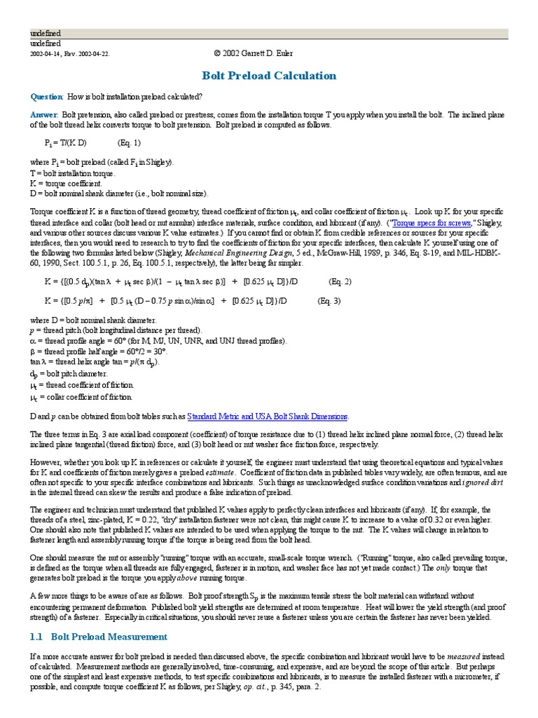Bolt Preload Calculation PDF | Screw | Strength Of Materials