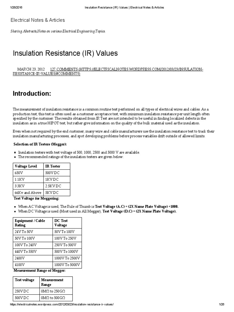 Insulation Resistance Test Values Guide | PDF | Transformer | Insulator ...