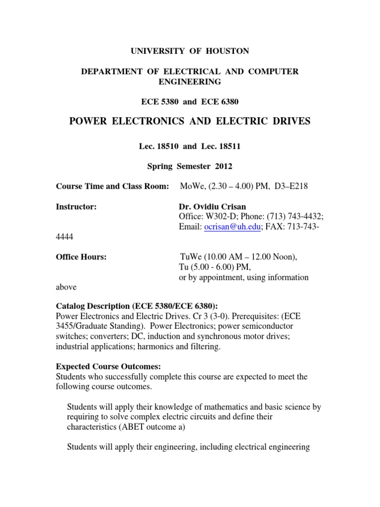 ECE 5380 / 6380 Power Electronics Syllabus Spring 2012 | PDF | Power ...