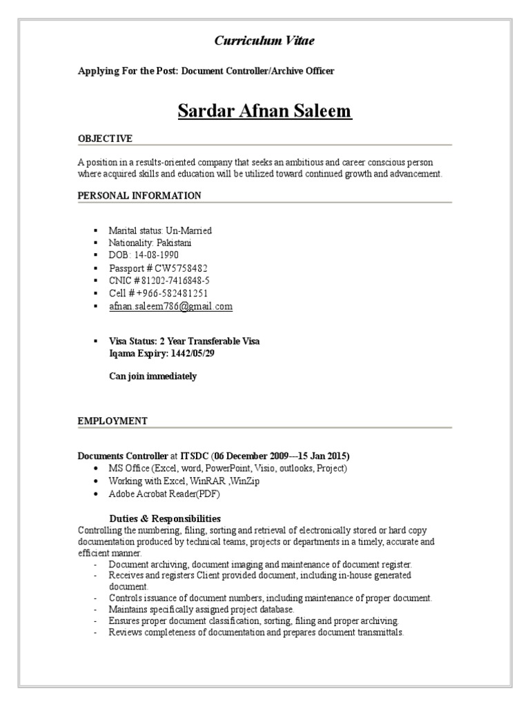 Document Controller CV Format | PDF | Microsoft Excel | Computing