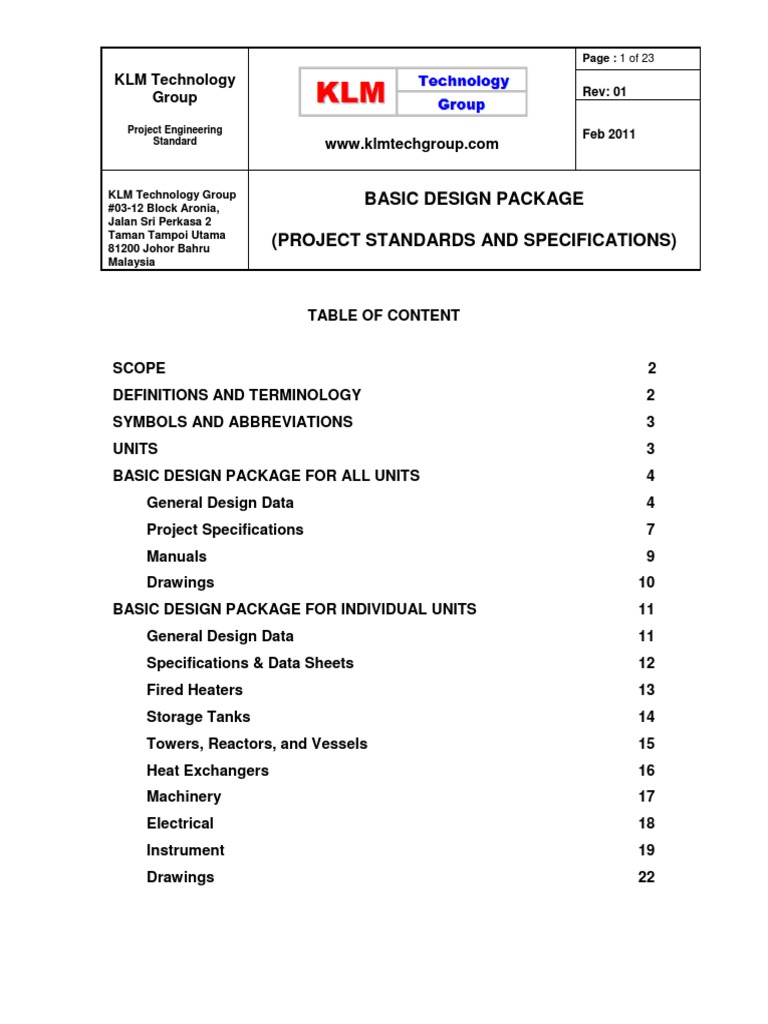 Project Standards and Specifications Basic Design Package Rev01.1 | PDF