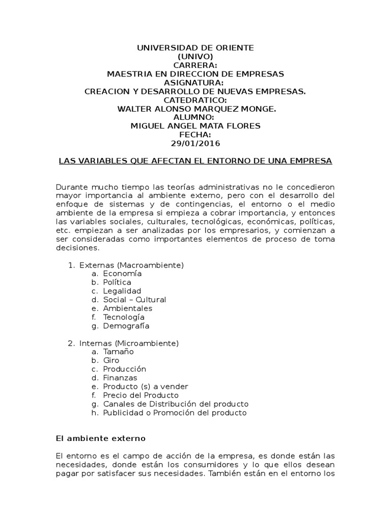 Variables Internas y Externas de La Empresa | PDF | Compartir (Finanzas ...