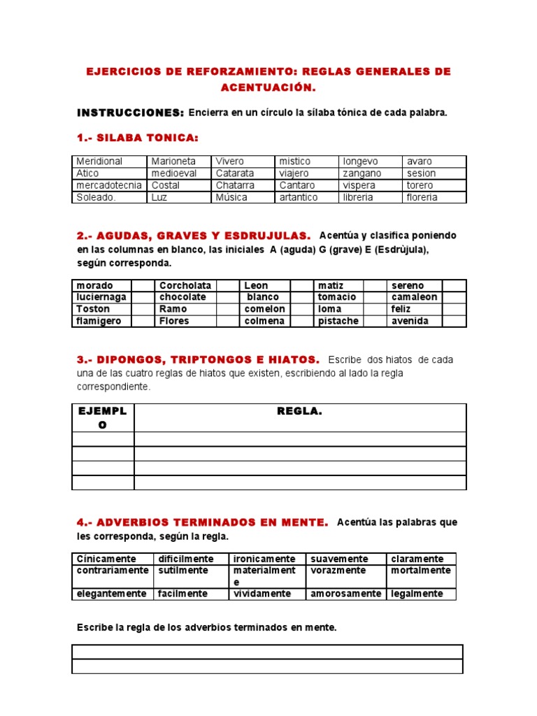 EJERCICIOS DE ACENTUACIÓN