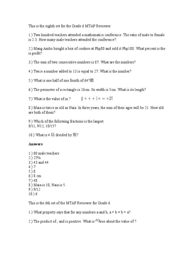 Grade 6 MTAP Math Review: Solutions to the Eighth Set of Problems | PDF ...